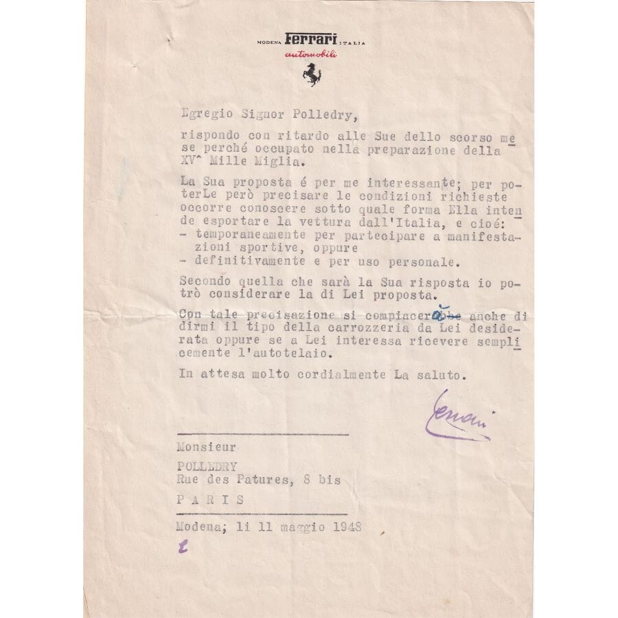 Letters signed by Enzo Ferrari | Glories, historical documents ...