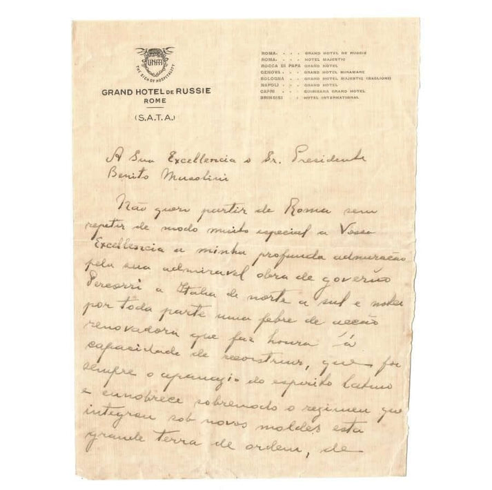 Handwritten letter from Felix Pacheco to Benito Mussolini (1920s or ...